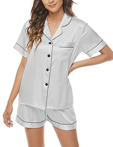Eilshoji Pajamas for Women Shorts Set, 2 Piece Satin Silk Sleepwear Pj Lounge Sets (White,XL)