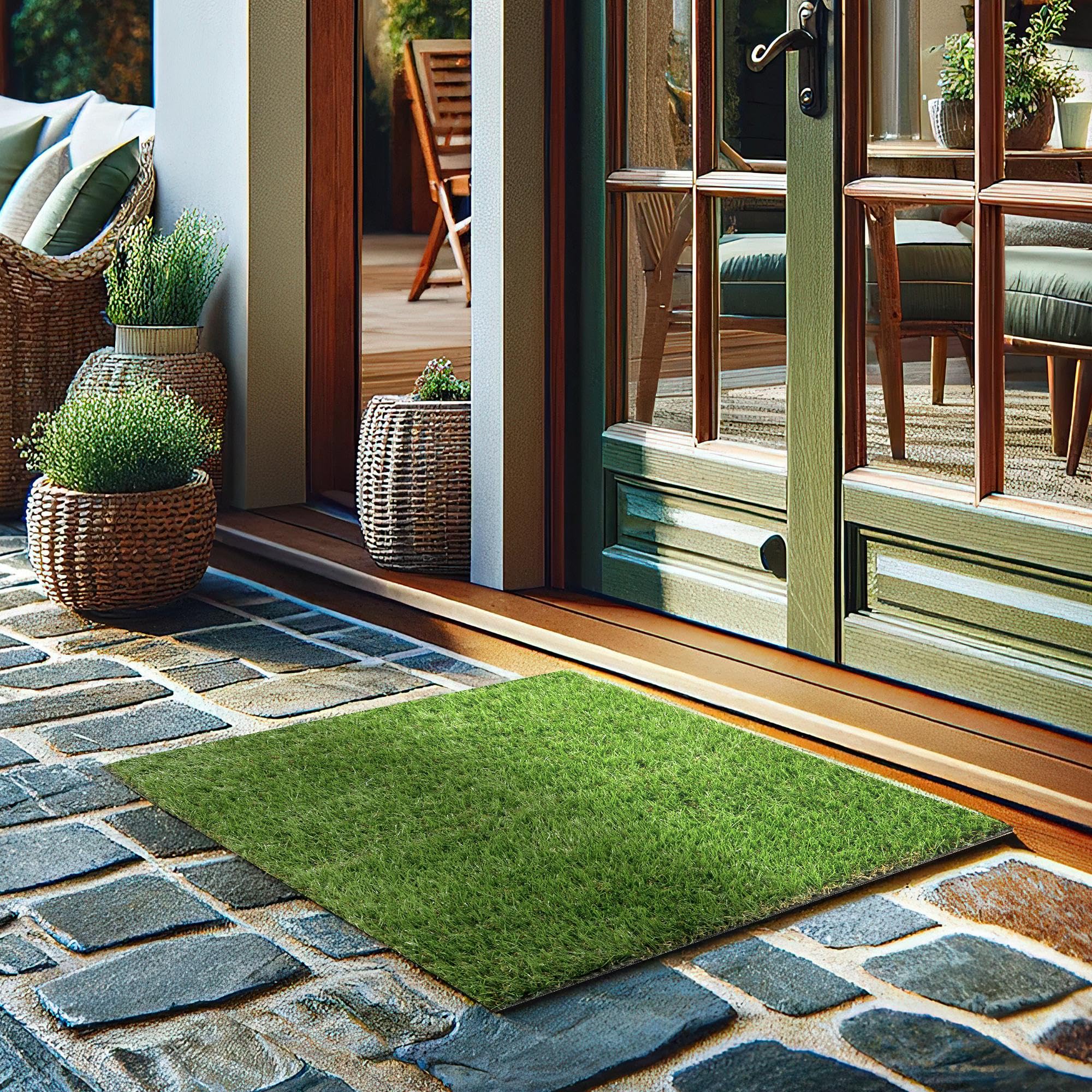 Ottomanson 2'7" x 4' Artificial Faux Grass Rug - Realistic Turf with UV Protection - Perforated for Easy Drainage - Durable, Hose-Off Synthetic Lawn Carpet for Indoor & Outdoor Use, Green
