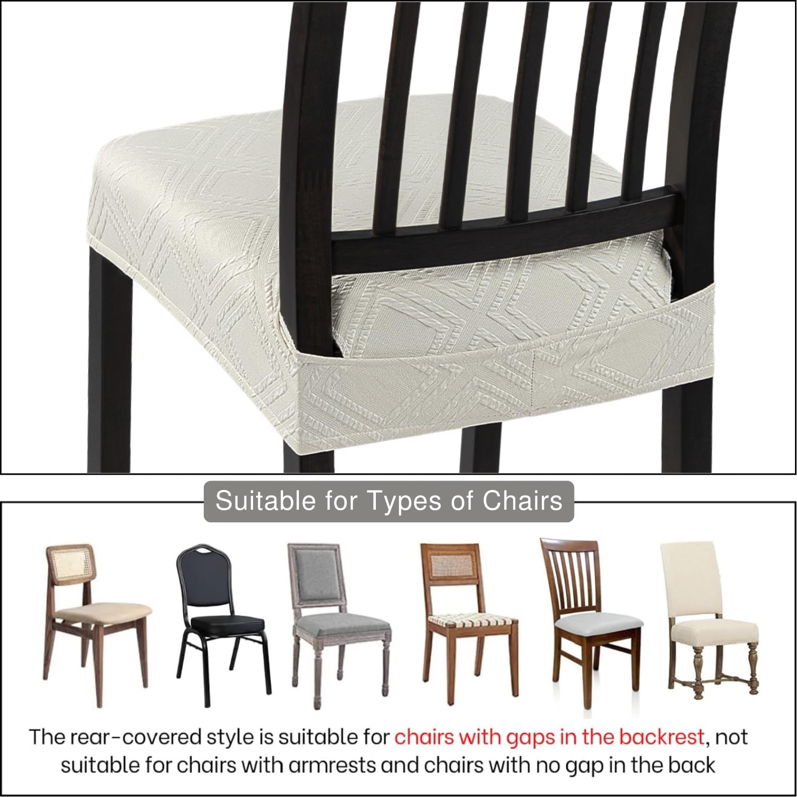 SearchI Waterproof Dining Chair Seat Covers Set of 4, Washable Stretch Seat Covers for Dining Chairs, Rear-Covered Dining Room Seat Cover Protector(Cream Rhombus Jacquard)