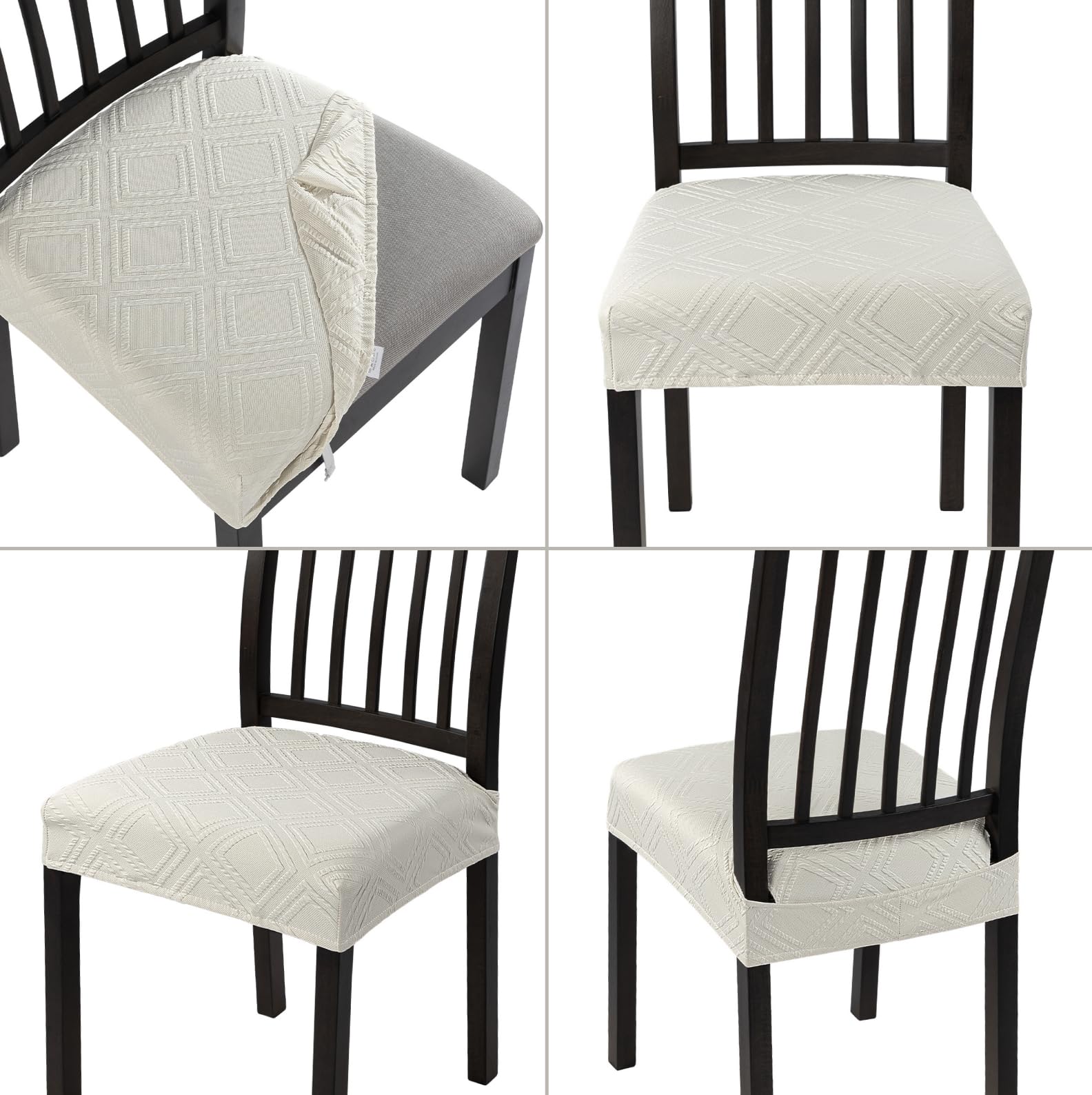SearchI Waterproof Dining Chair Seat Covers Set of 4, Washable Stretch Seat Covers for Dining Chairs, Rear-Covered Dining Room Seat Cover Protector(Cream Rhombus Jacquard)