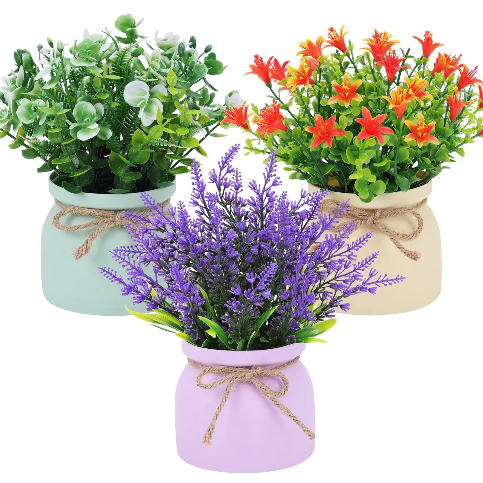 CEWOR Small Artificial Plants, 3 Pack Fake Potted Plants, Small Flowers Artificial Lavender Eucalyptus Boxwood in Plastic Macaron Pots for Home Decor Indoor Outdoor