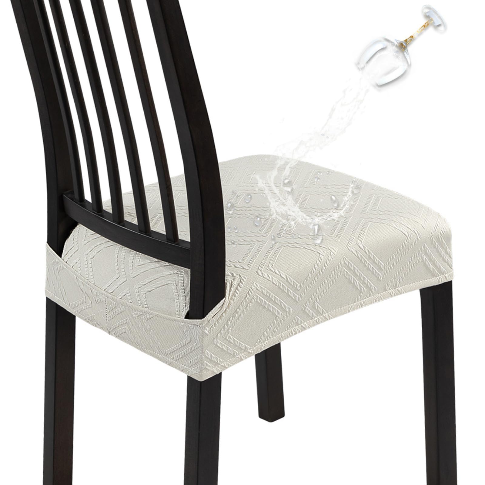 SearchI Waterproof Dining Chair Seat Covers Set of 4, Washable Stretch Seat Covers for Dining Chairs, Rear-Covered Dining Room Seat Cover Protector(Cream Rhombus Jacquard)