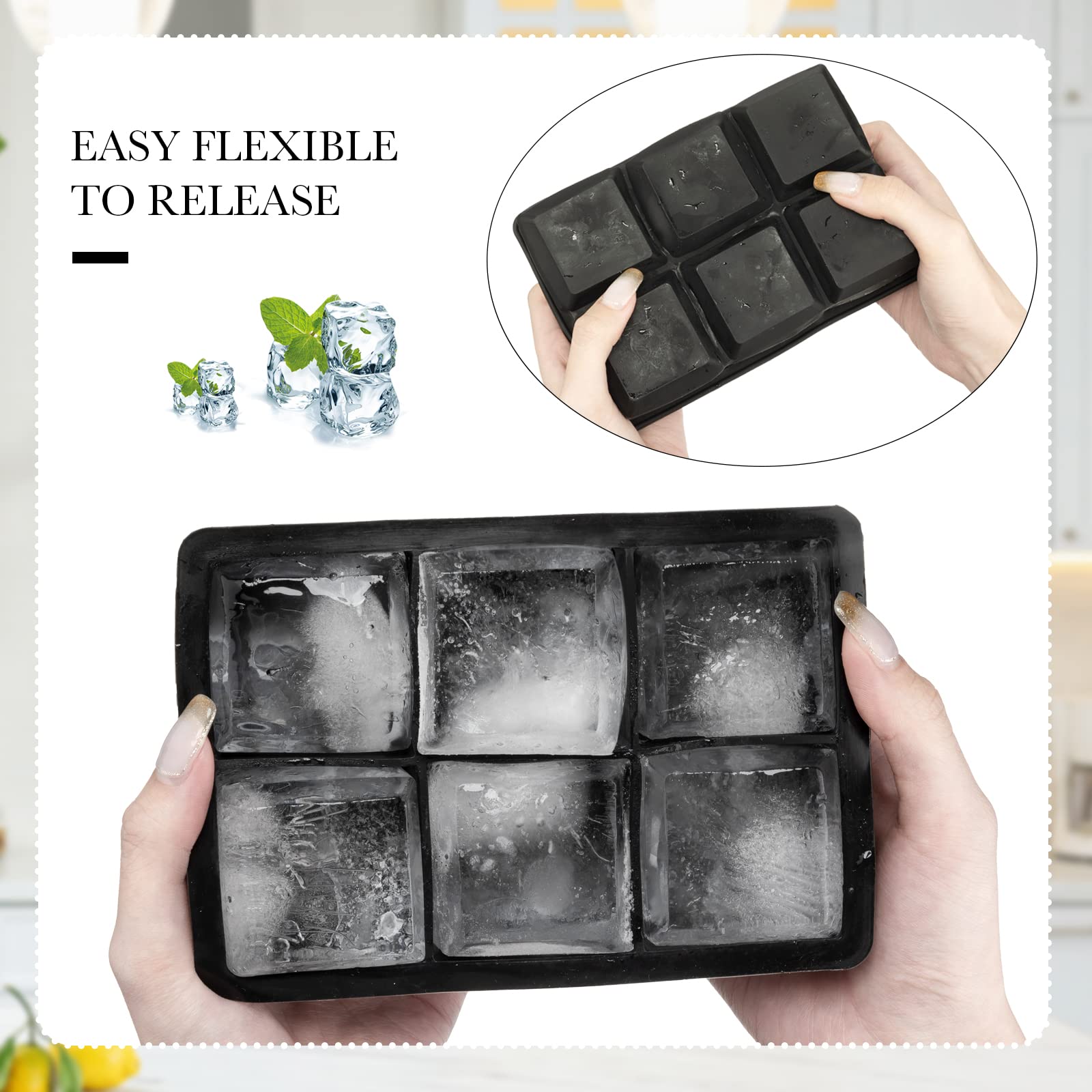 Lounsweer 8 Pcs Large Silicone Ice Cube Tray with Lid 2 Inch Square Big Ice Cube Molds for Cocktails Whiskey 6 Cavity Ice Trays for Freezer Easy Release Ice Cube Maker for Food Wine Juice