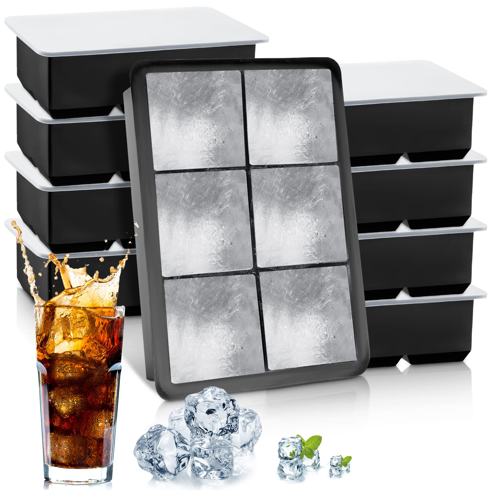 Lounsweer 8 Pcs Large Silicone Ice Cube Tray with Lid 2 Inch Square Big Ice Cube Molds for Cocktails Whiskey 6 Cavity Ice Trays for Freezer Easy Release Ice Cube Maker for Food Wine Juice