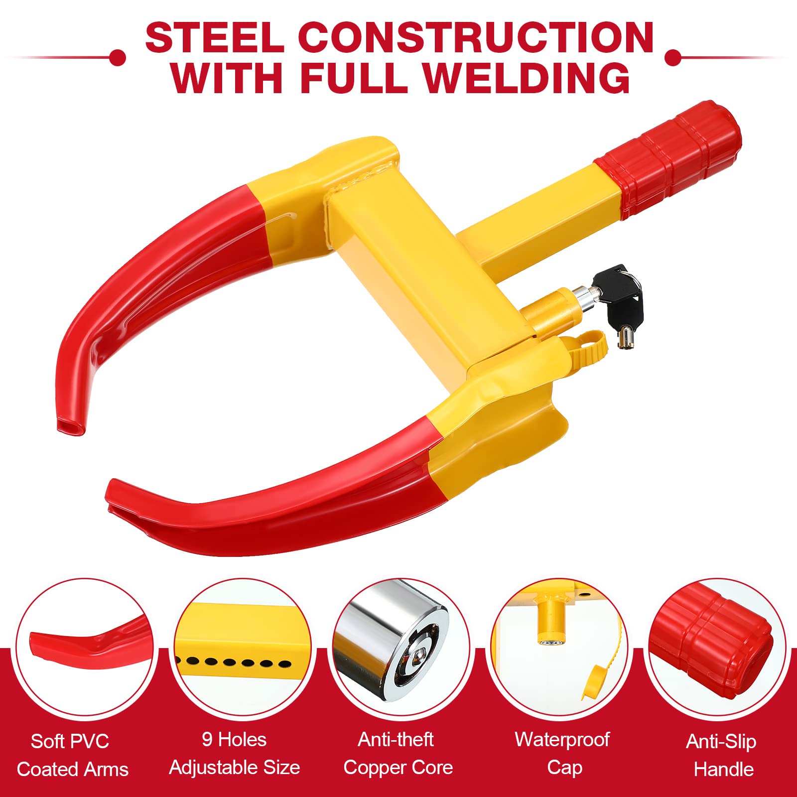 2 Pcs Wheel Lock for Cars, Heavy Duty Trailer Wheel Lock Universal Security Anti Theft Tire Clamp for Vehicles Boot Camper SUV ATV Boat Motorcycle Golf Cart Deterrent (Red)