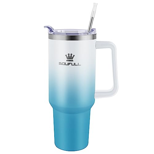 40 oz Tumbler with Handle and Straw Lid, 100% Leak-proof Travel Coffee Mug, Stainless Steel Insulated Cup for Beverages, Keeps Cold for 34Hrs or Hot for 10Hrs, Dishwasher Safe (WhiteBlue)