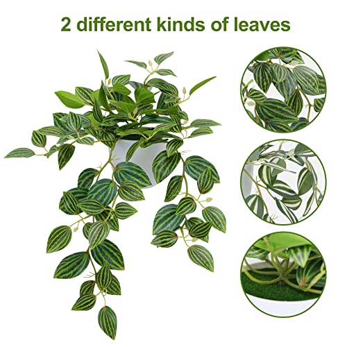 CEWOR Fake Plants,2 Pack,Realistic Artificial Hanging Plants,Faux Peperomia Watermelon Plants,Indoor Outdoor Decor