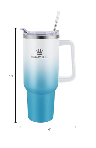40 oz Tumbler with Handle and Straw Lid, 100% Leak-proof Travel Coffee Mug, Stainless Steel Insulated Cup for Beverages, Keeps Cold for 34Hrs or Hot for 10Hrs, Dishwasher Safe (WhiteBlue)