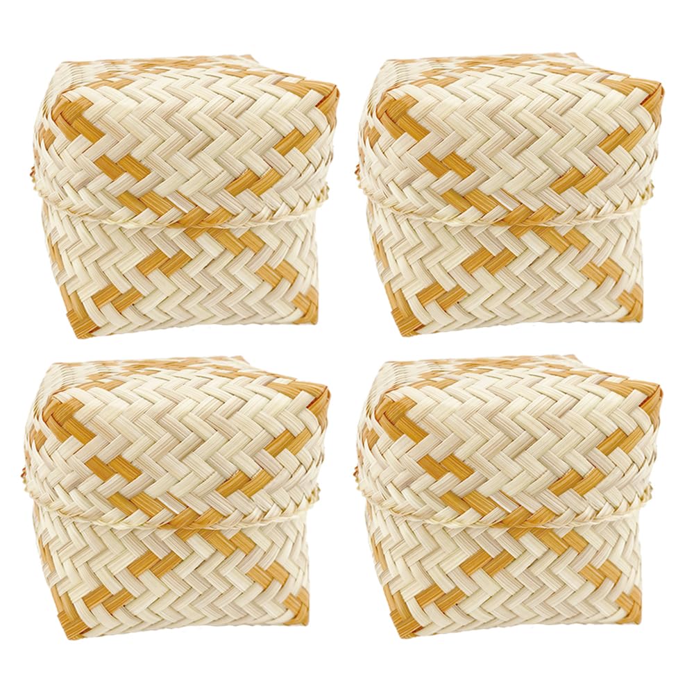PANWA Mini Bamboo Sticky Rice Serving Basket- Handmade 100% Eco-Friendly Thai Mini Wickerwor Kratips- 4 piece set- Food Safe (Saffron)
