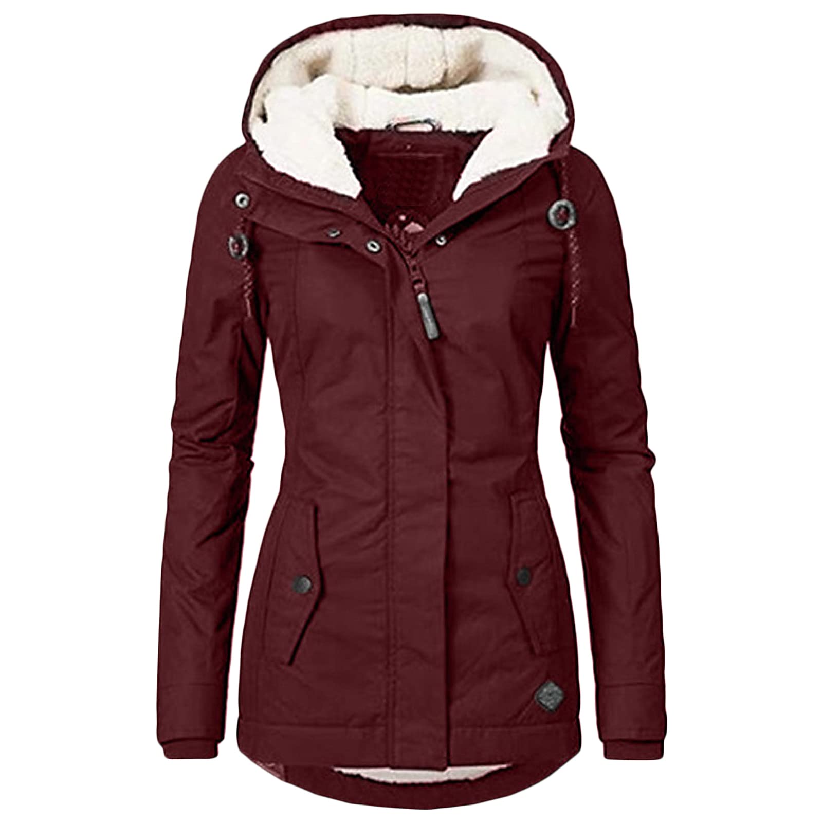 Women's Hooded Winter Coat Long Warm Fleeced Lined Long Jackets Thicken Fleece Jacket Fur Hooded Military Parka Coat (Large,Red)