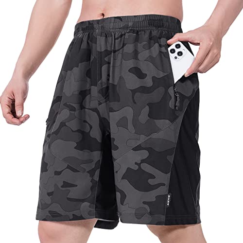 Santic Men's Mountain Bike Shorts Padded Pack of Two Cycling Shorts with Liner Loose-fit Stretchy Zipper Pockets Bicycle MTB Shorts Trail Camo Black XL