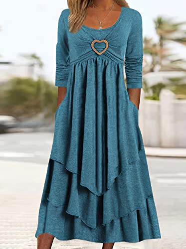 Akivide Women 2024 Fashion Crewneck Dresses Long Sleeve Swing Ruffle Irregular Hem A Line Flowy Pleated Maxi Dress (Blue,3X-Large)