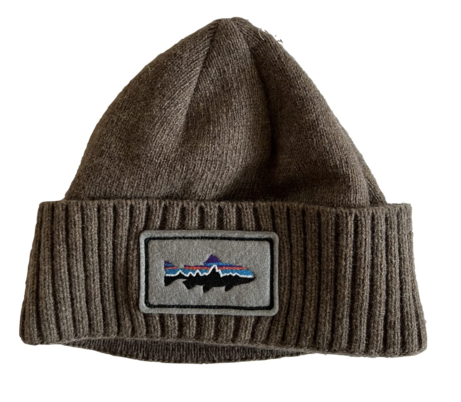 Patagonia Unisex Brodeo Beanie Hat One Size Recycled Wool Blend Skull (Heather Brown - Felt Fish Patch)