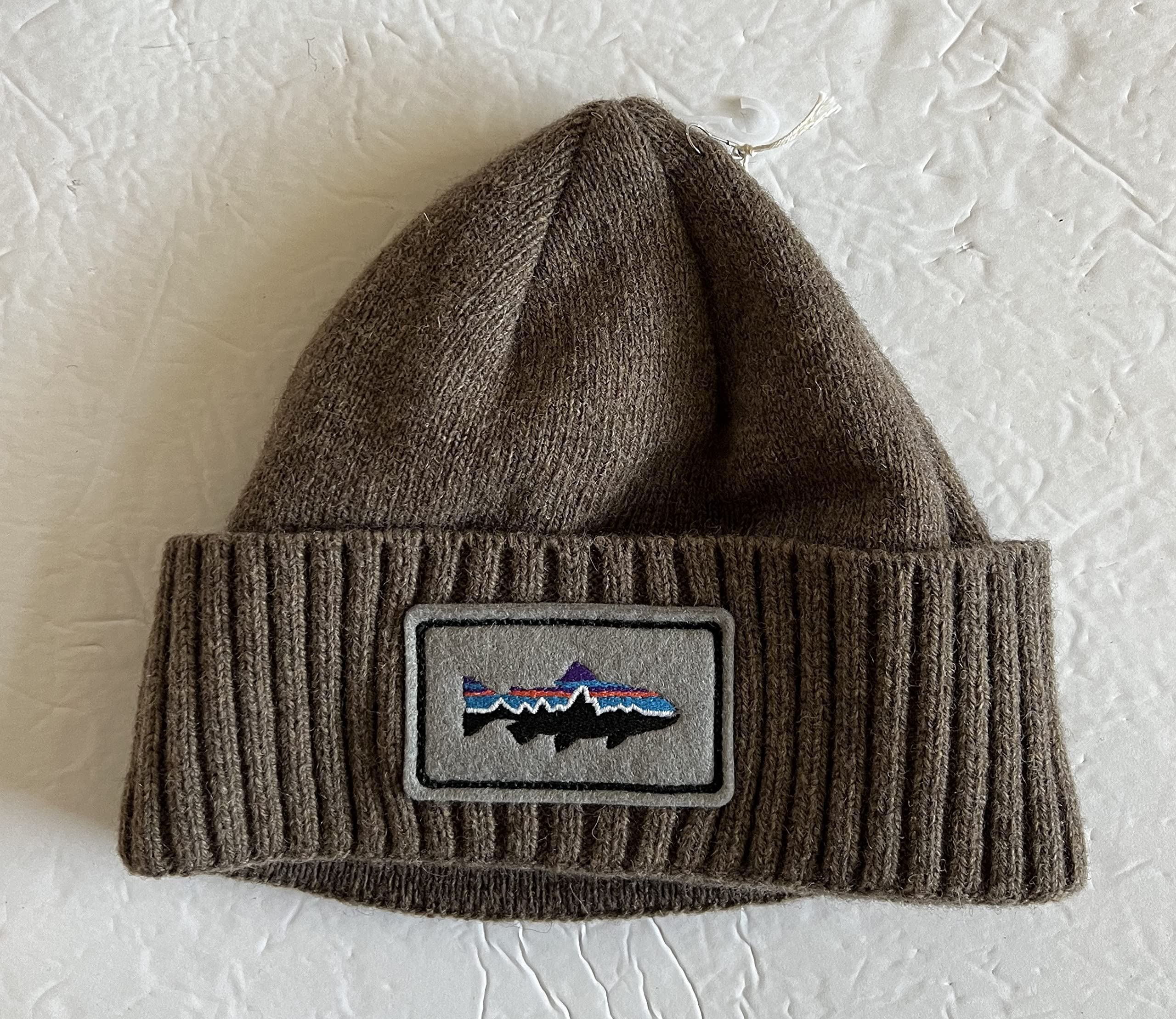 Patagonia Unisex Brodeo Beanie Hat One Size Recycled Wool Blend Skull (Heather Brown - Felt Fish Patch)