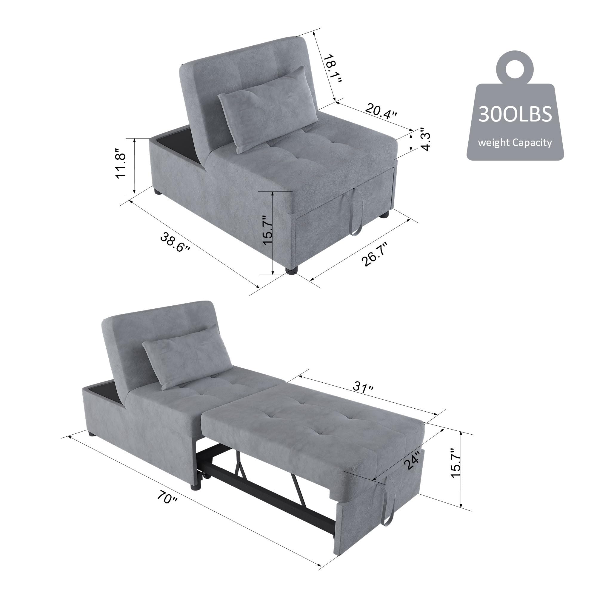 LEVNARY Convertible Chair Bed Sleeper, Velvet 4 in 1 Single Sofa Folding Chair Ottoman, Pull Out Small Couch Ottoman Bed for Home Living Room (Velvet Grey)