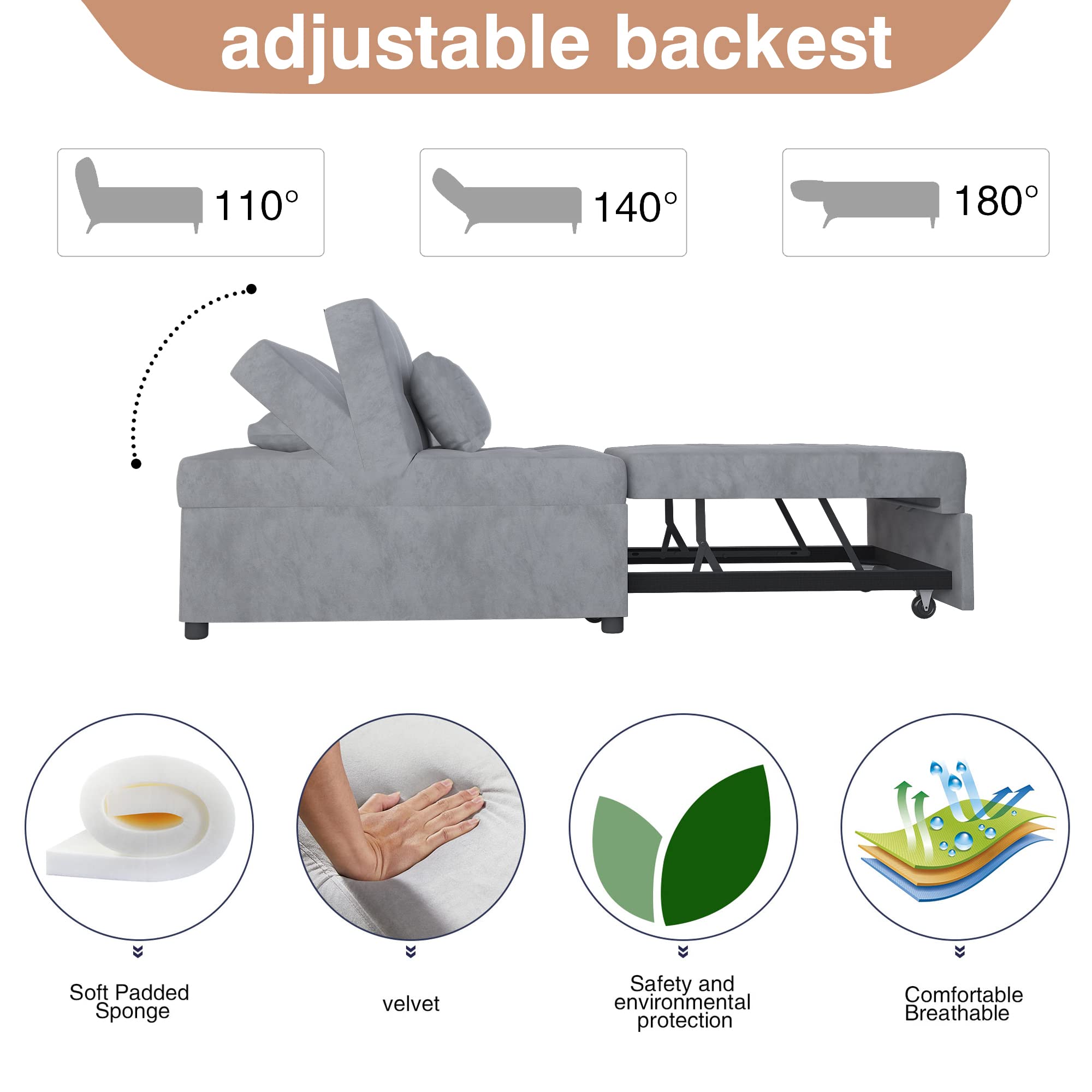 LEVNARY Convertible Chair Bed Sleeper, Velvet 4 in 1 Single Sofa Folding Chair Ottoman, Pull Out Small Couch Ottoman Bed for Home Living Room (Velvet Grey)