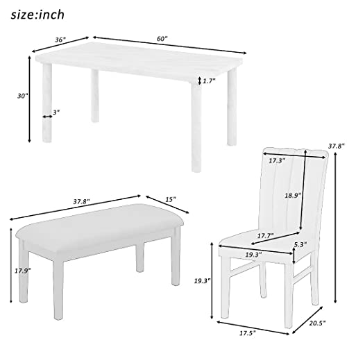 Zaboro 6-Piece Dining Table Set for 6 People, Wooden Kitchen Table Set with Marble Veneer Table and 4 Flannelette Upholstered Dining Chairs & Bench, Rustic Style Family Furniture, for Kitchen, Gray