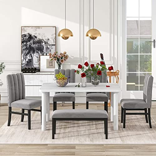 Zaboro 6-Piece Dining Table Set for 6 People, Wooden Kitchen Table Set with Marble Veneer Table and 4 Flannelette Upholstered Dining Chairs & Bench, Rustic Style Family Furniture, for Kitchen, Gray