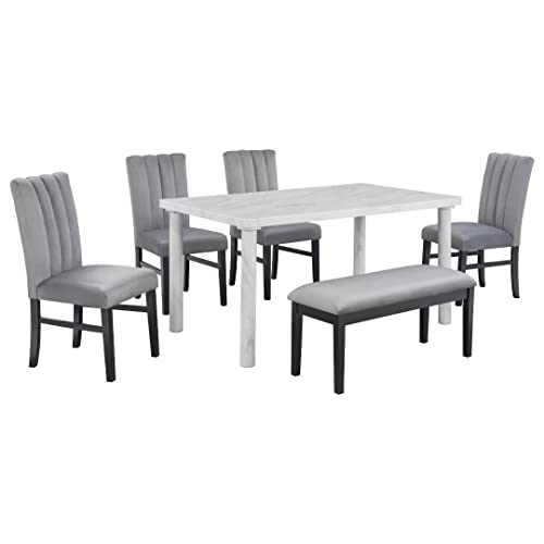 Zaboro 6-Piece Dining Table Set for 6 People, Wooden Kitchen Table Set with Marble Veneer Table and 4 Flannelette Upholstered Dining Chairs & Bench, Rustic Style Family Furniture, for Kitchen, Gray