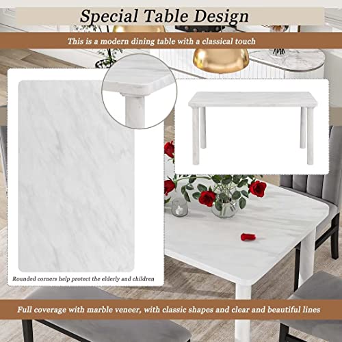 Zaboro 6-Piece Dining Table Set for 6 People, Wooden Kitchen Table Set with Marble Veneer Table and 4 Flannelette Upholstered Dining Chairs & Bench, Rustic Style Family Furniture, for Kitchen, Gray