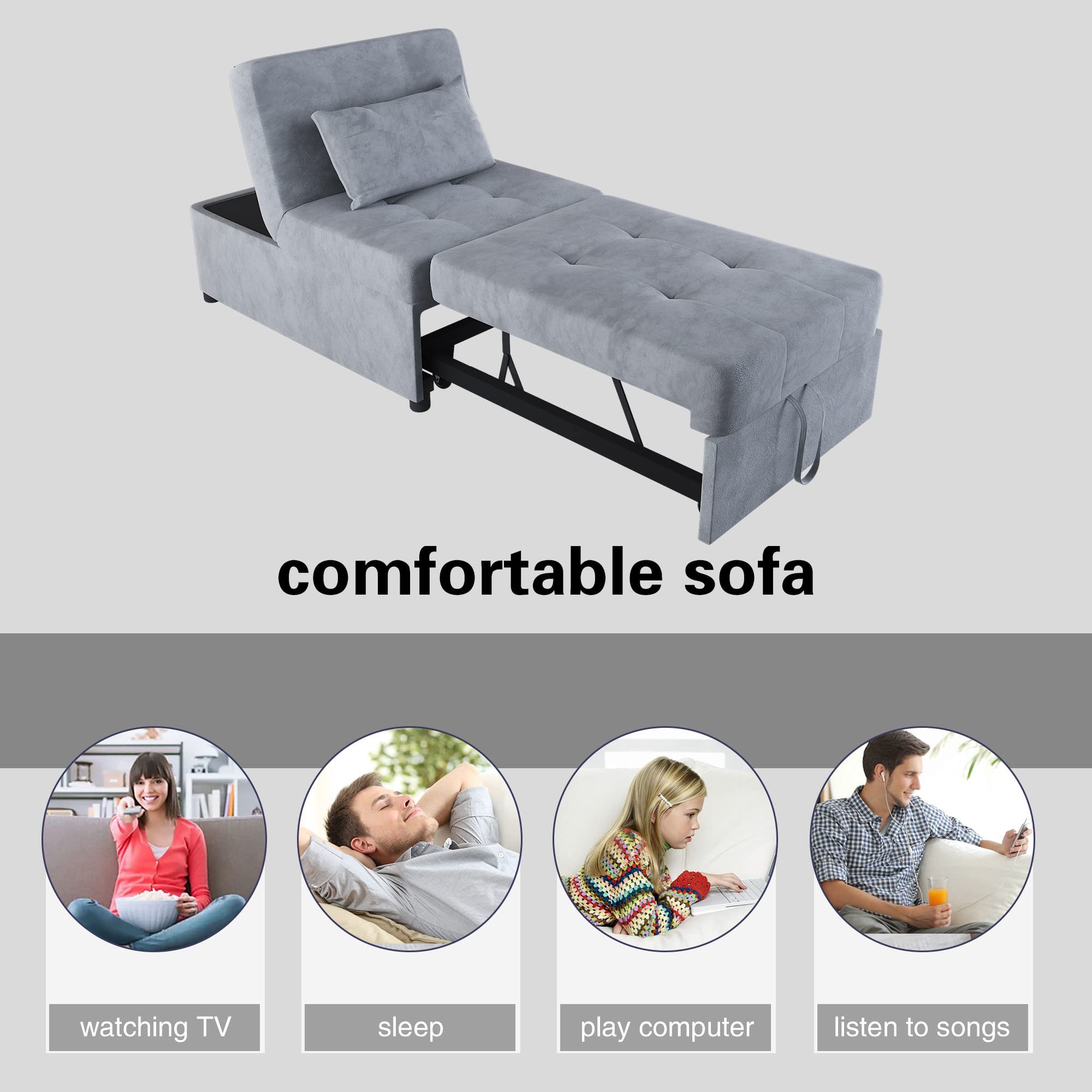 LEVNARY Convertible Chair Bed Sleeper, Velvet 4 in 1 Single Sofa Folding Chair Ottoman, Pull Out Small Couch Ottoman Bed for Home Living Room (Velvet Grey)