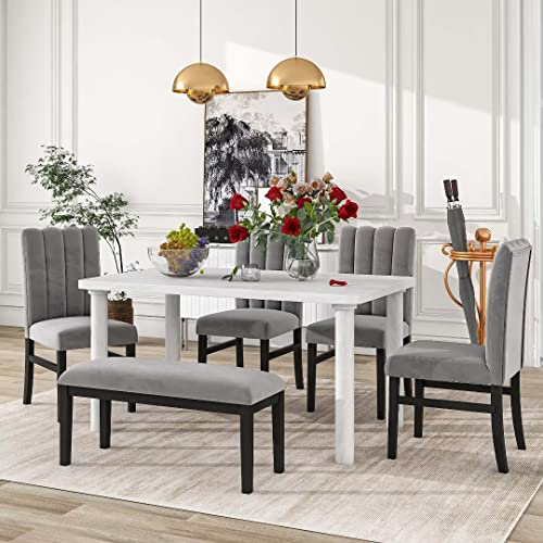 Zaboro 6-Piece Dining Table Set for 6 People, Wooden Kitchen Table Set with Marble Veneer Table and 4 Flannelette Upholstered Dining Chairs & Bench, Rustic Style Family Furniture, for Kitchen, Gray