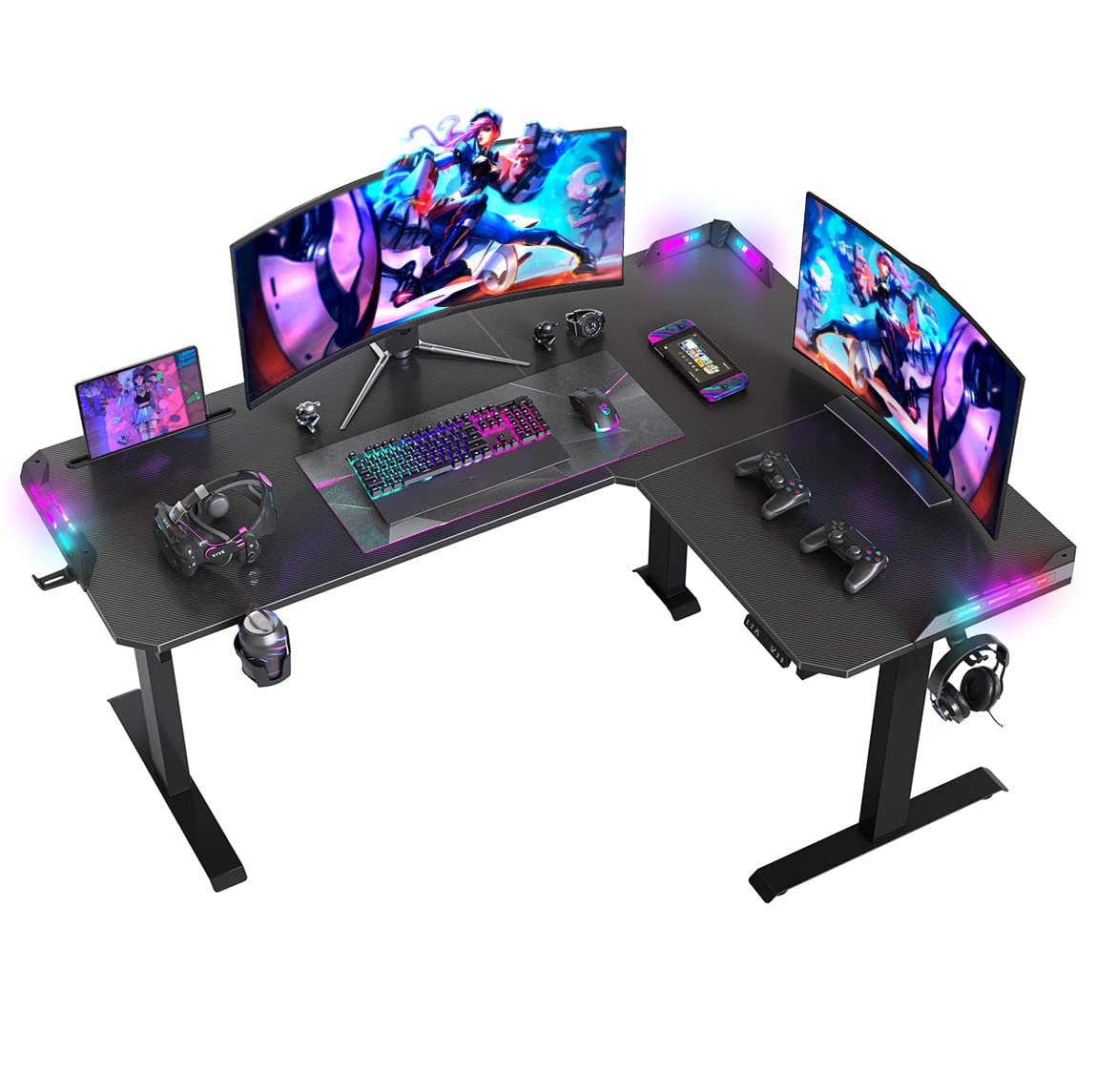 FEZIBO 63 Inch L Shaped Gaming Standing Desk, Electric Height Adjustable Gaming Desk with Triple Motors, Corner Stand up Desk with Cup Holder, Black Frame/Carbon Fiber Top
