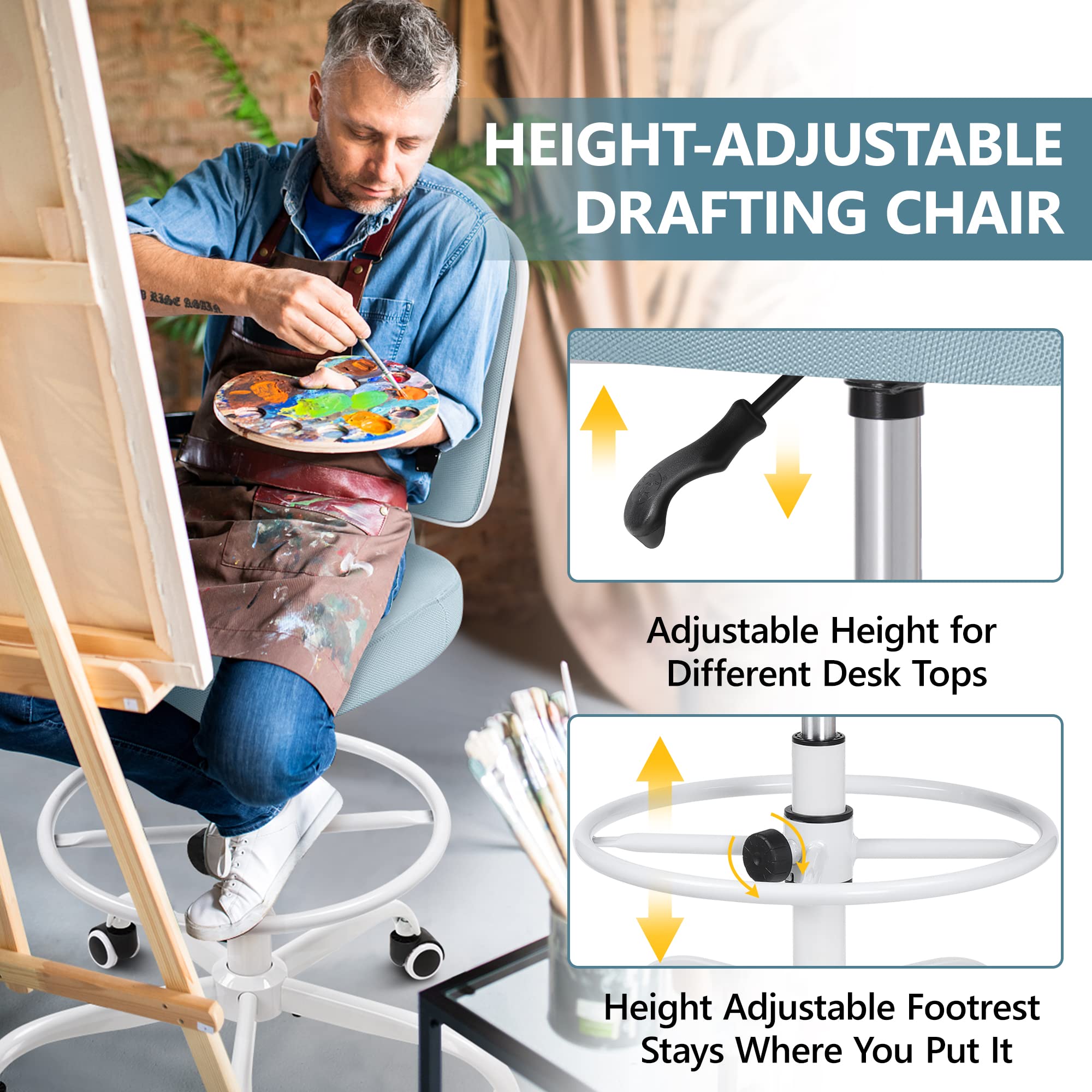 Primy Office Drafting Chair Armless, Tall Office Desk Chair Adjustable Height and Footring, Mid-Back Ergonomic Standing Desk Chair Mesh Rolling Tall Chair for Art Room, Office or Home(Light Blue)