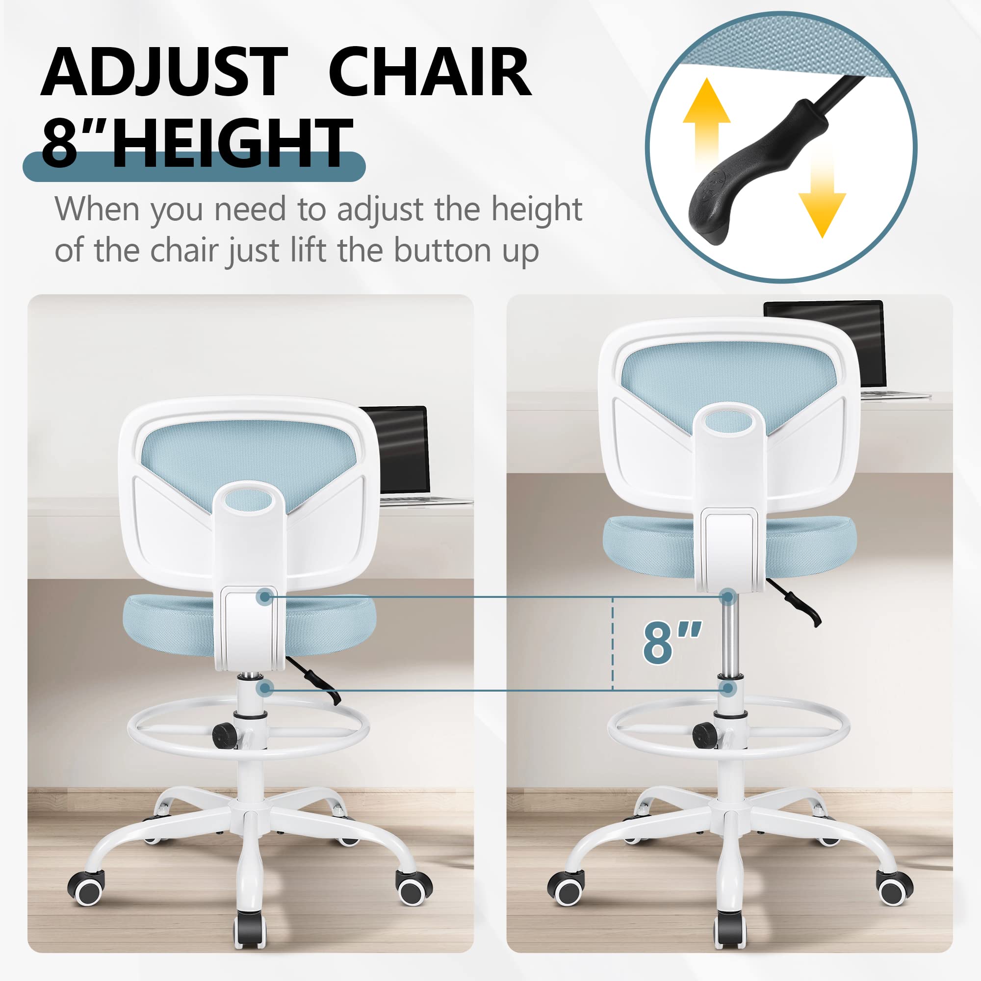 Primy Office Drafting Chair Armless, Tall Office Desk Chair Adjustable Height and Footring, Mid-Back Ergonomic Standing Desk Chair Mesh Rolling Tall Chair for Art Room, Office or Home(Light Blue)