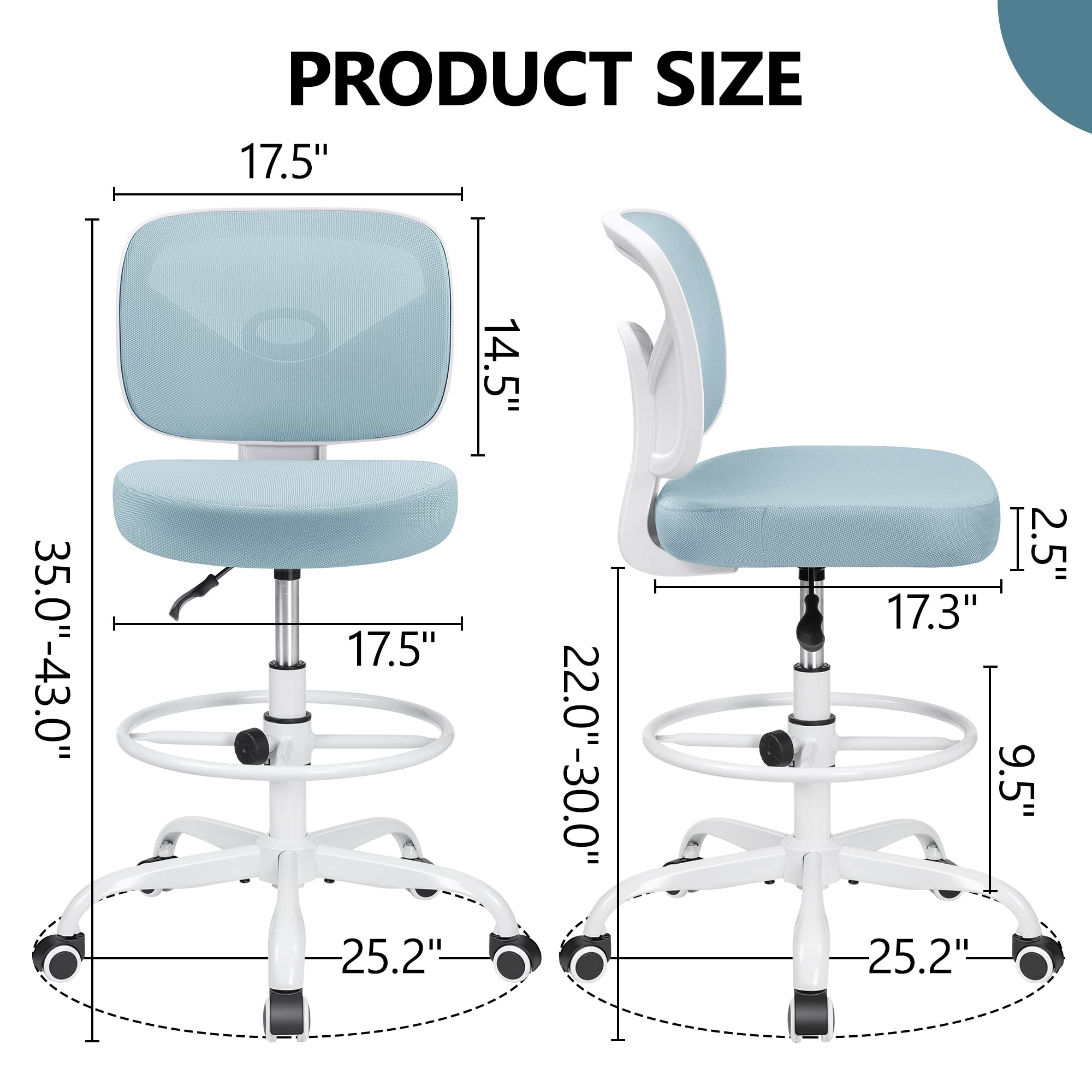 Primy Office Drafting Chair Armless, Tall Office Desk Chair Adjustable Height and Footring, Mid-Back Ergonomic Standing Desk Chair Mesh Rolling Tall Chair for Art Room, Office or Home(Light Blue)