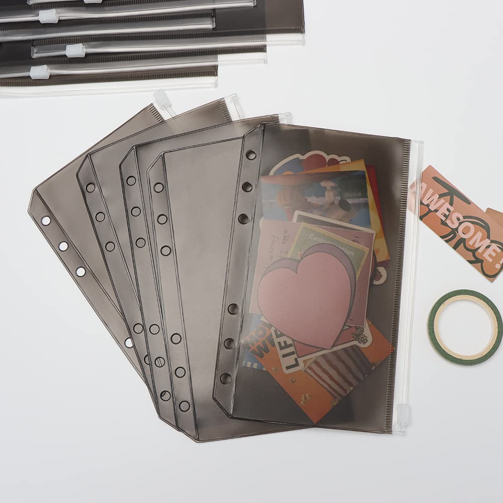 A6 Binder Pockets Black Zipper Pouches Translucent PVC Cash Budget Envelopes 12pcs 6 Hole Document Folders for A6 Binder, Cash Organizer Folder (A6)