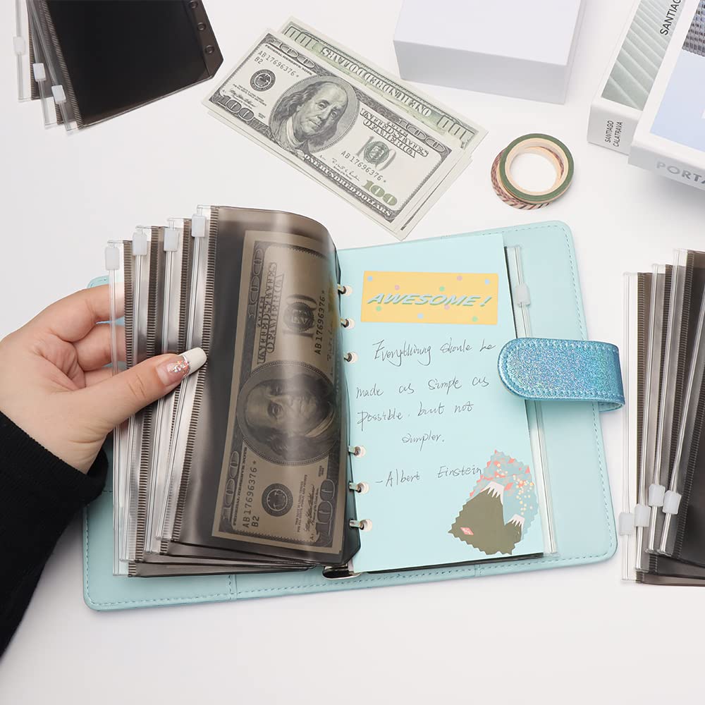 A6 Binder Pockets Black Zipper Pouches Translucent PVC Cash Budget Envelopes 12pcs 6 Hole Document Folders for A6 Binder, Cash Organizer Folder (A6)