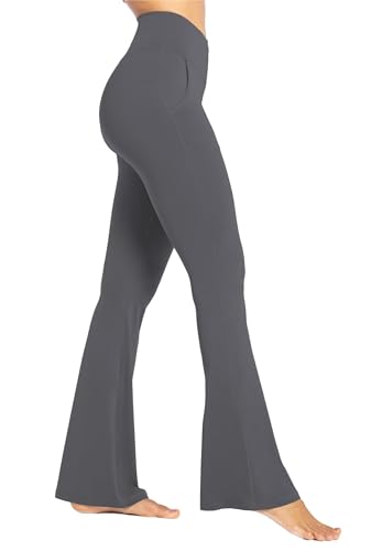 Sunzel Flare Leggings for Women, Crossover Yoga Pants with Pockets 30" Grey Large
