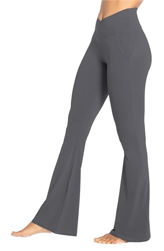 Sunzel Flare Leggings for Women, Crossover Yoga Pants with Pockets 30" Grey Large