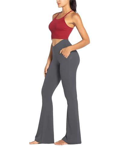 Sunzel Flare Leggings for Women, Crossover Yoga Pants with Pockets 30" Grey Large
