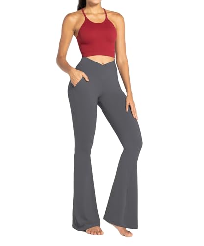 Sunzel Flare Leggings for Women, Crossover Yoga Pants with Pockets 30" Grey Large