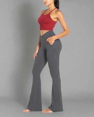 Sunzel Flare Leggings for Women, Crossover Yoga Pants with Pockets 30" Grey Large