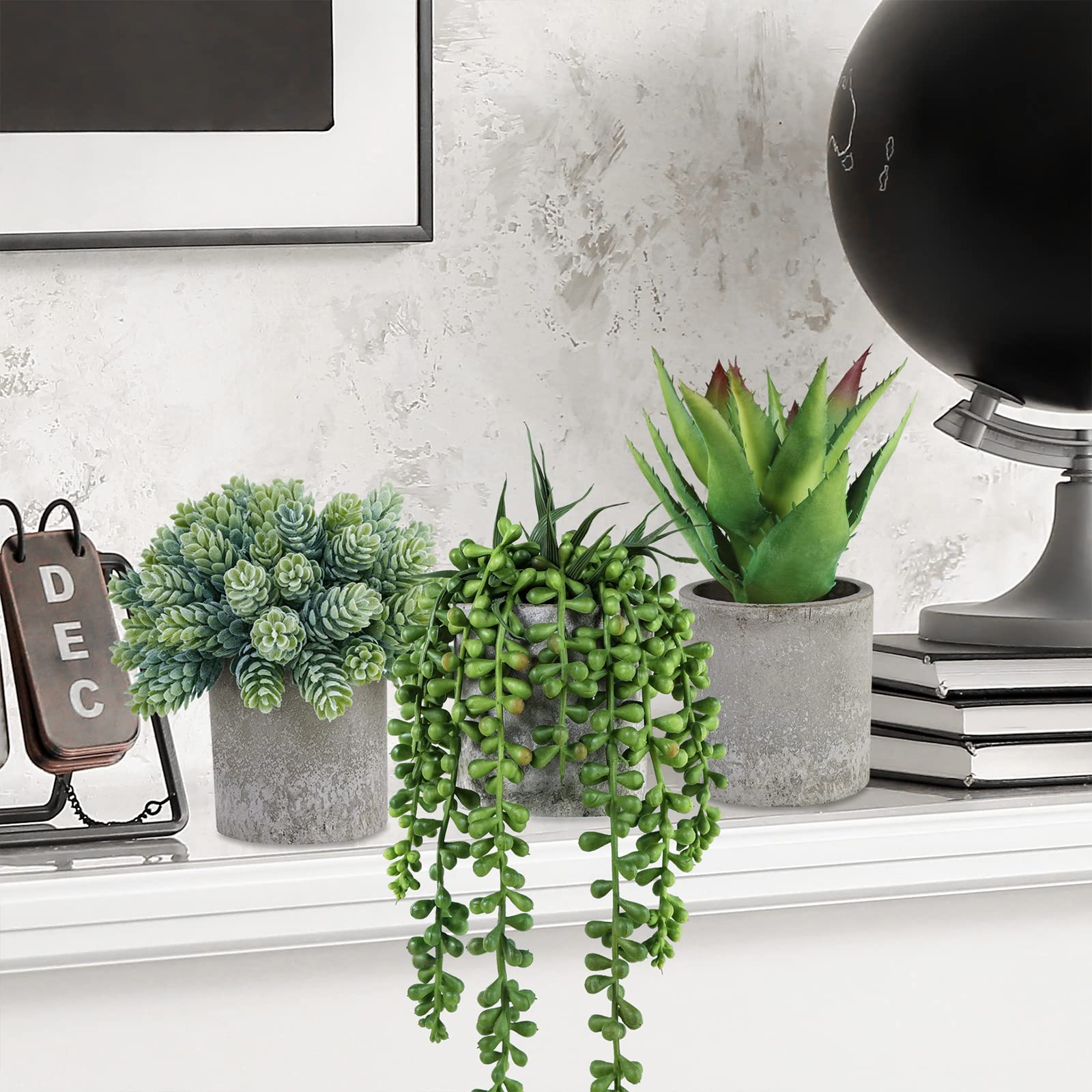 Winlyn Set of 3 Mini Potted Succulents Artificial String of Pearls Aloe Hops Succulent Plants in Gray Pots for Gifts Table Shelves Windowsill Office Desk Indoor Greenery Decorations Wedding Favors