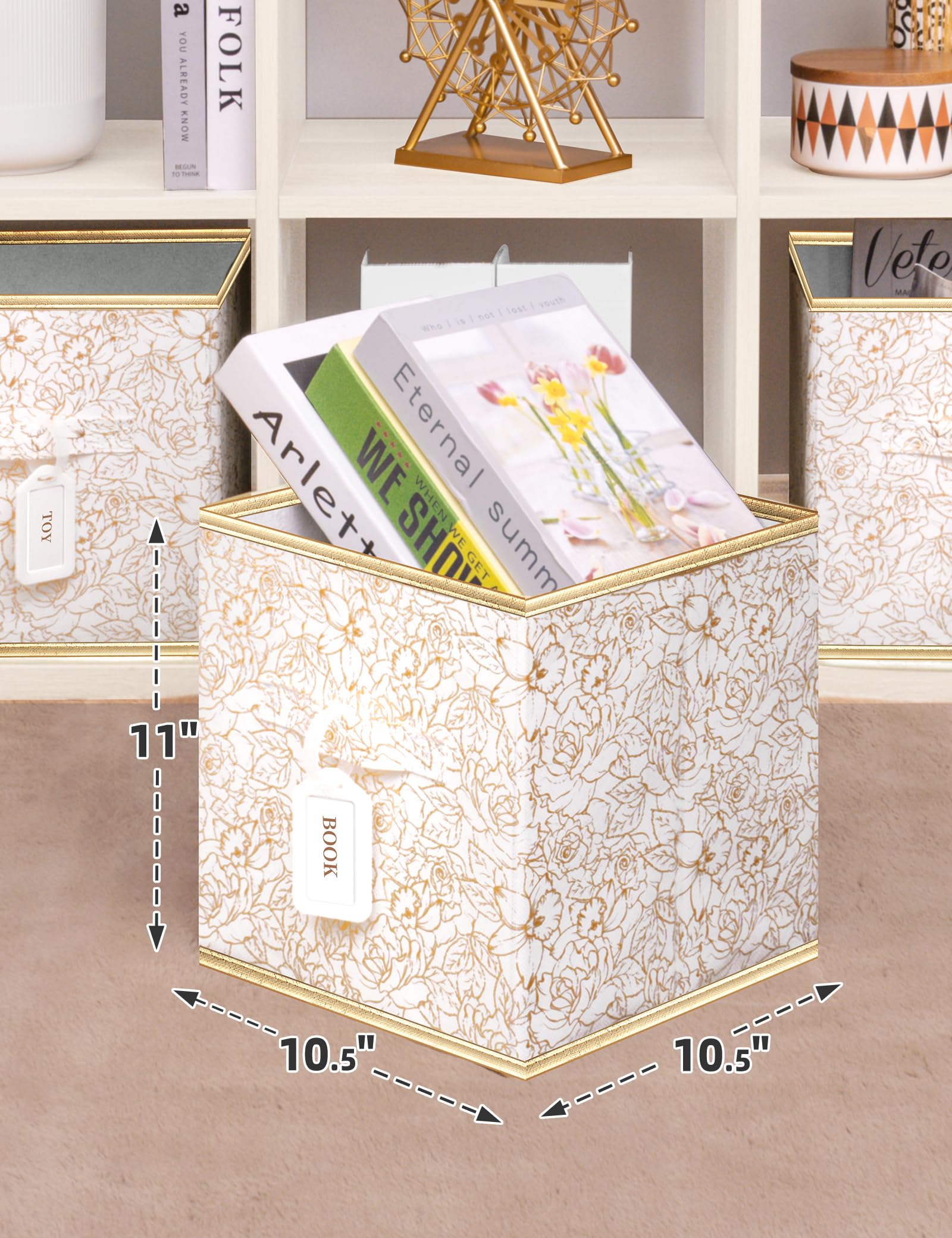 DAMAHOME Collapsible Storage Cube Bins - Fabric Cubby Organizer,Gold Flower Decorative Shelf Basket Dual Handles,11 Inch Metallic Box For Nursery/Home Office/Closet/Kids Room/4-Pack(Flower Gold)