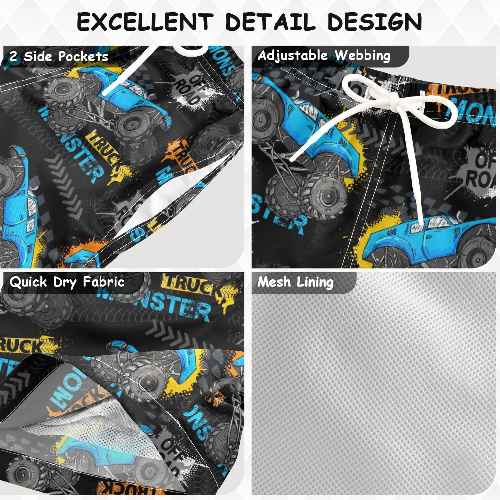 JHKKU Boys Swim Trunks Monster Truck Bathing Suits Swim Board Shorts Swimsuit with Mesh Lining 6 Years