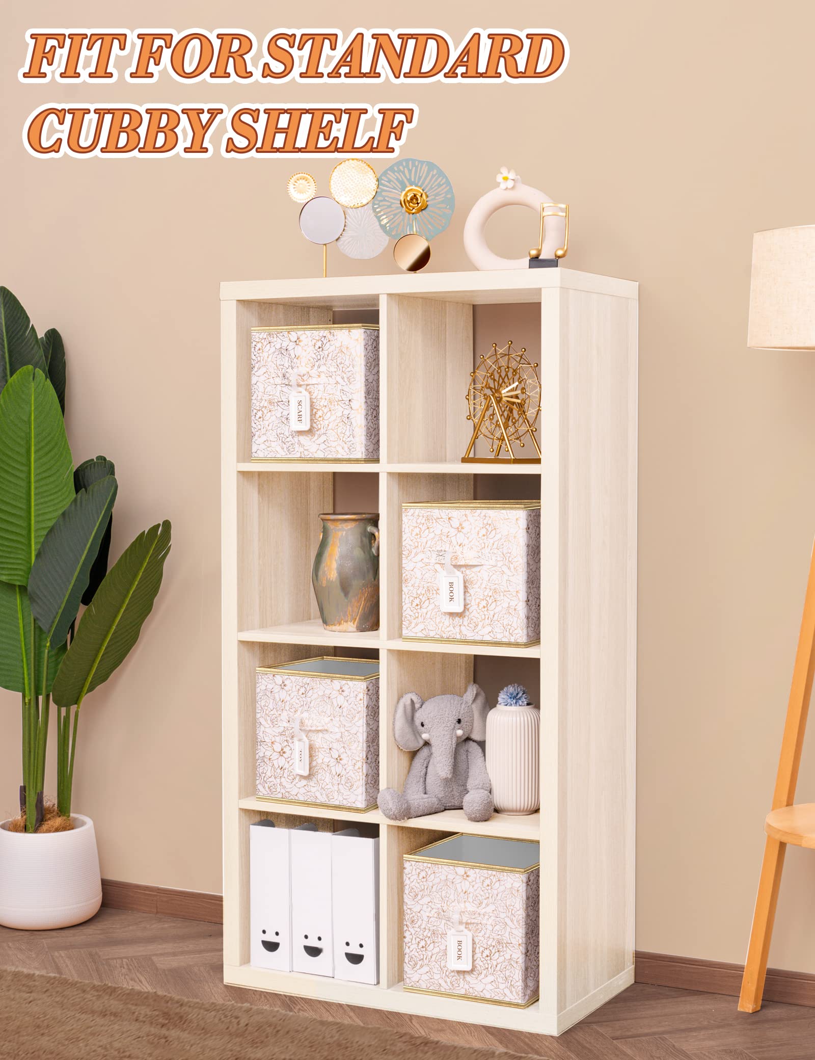 DAMAHOME Collapsible Storage Cube Bins - Fabric Cubby Organizer,Gold Flower Decorative Shelf Basket Dual Handles,11 Inch Metallic Box For Nursery/Home Office/Closet/Kids Room/4-Pack(Flower Gold)