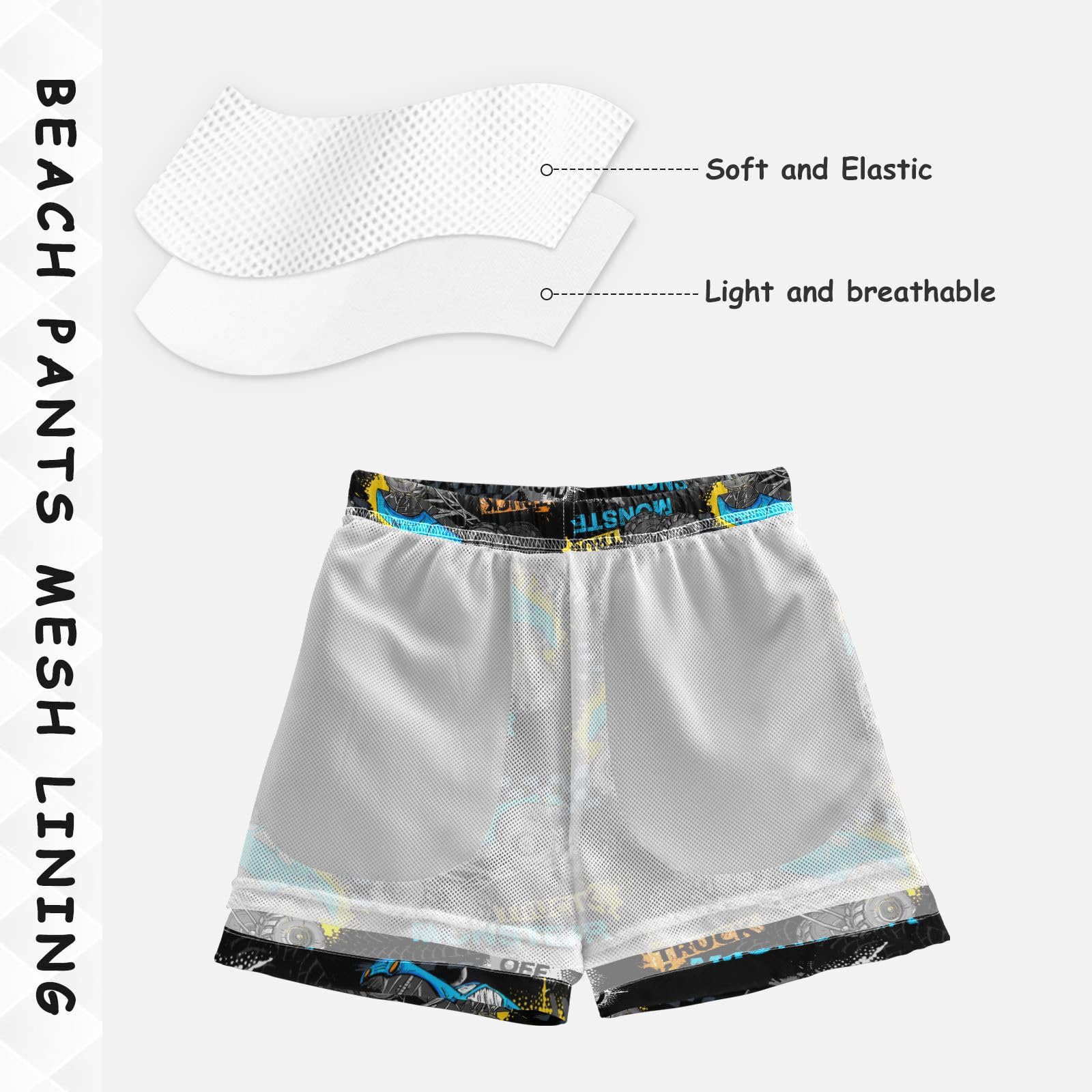JHKKU Boys Swim Trunks Monster Truck Bathing Suits Swim Board Shorts Swimsuit with Mesh Lining 6 Years