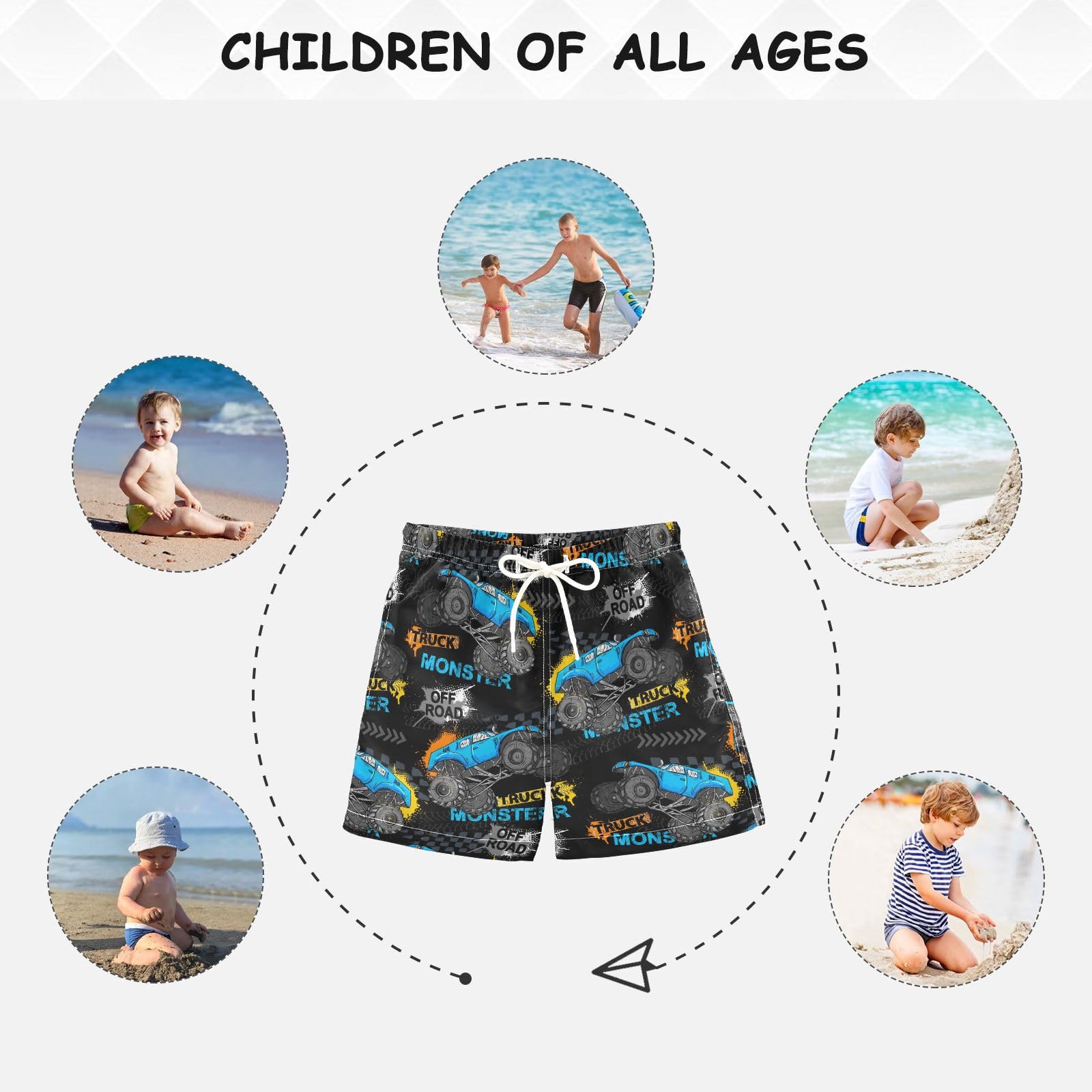 JHKKU Boys Swim Trunks Monster Truck Bathing Suits Swim Board Shorts Swimsuit with Mesh Lining 6 Years