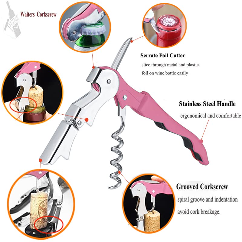 Professional Waiter Corkscrew Wine Openers Set (4 PCS),Upgraded with Heavy Duty Stainless Steel Hinges Wine Key for Restaurant Waiters, Sommelier, Bartenders (Pink 2 Packs)