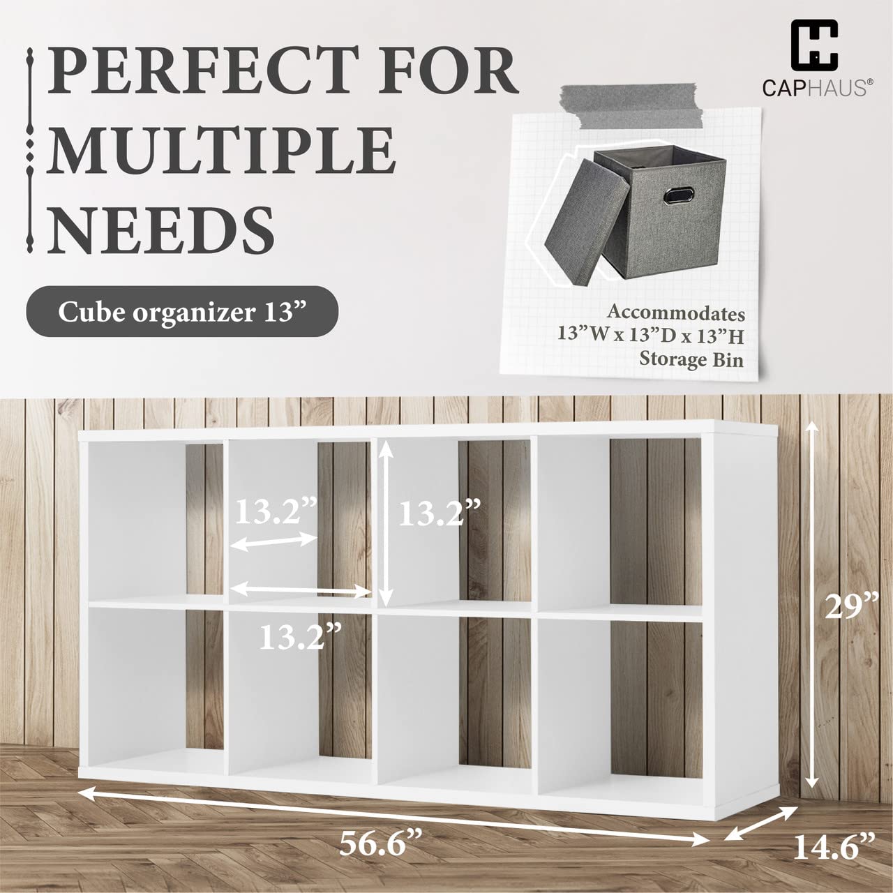 Fencer Wire 13-Inch Storage Organizer Shelf, Extra Thick Exterior Edge, Open Bookcase Divider, 6-8-9 Cube, Rustic Grey Oak and White