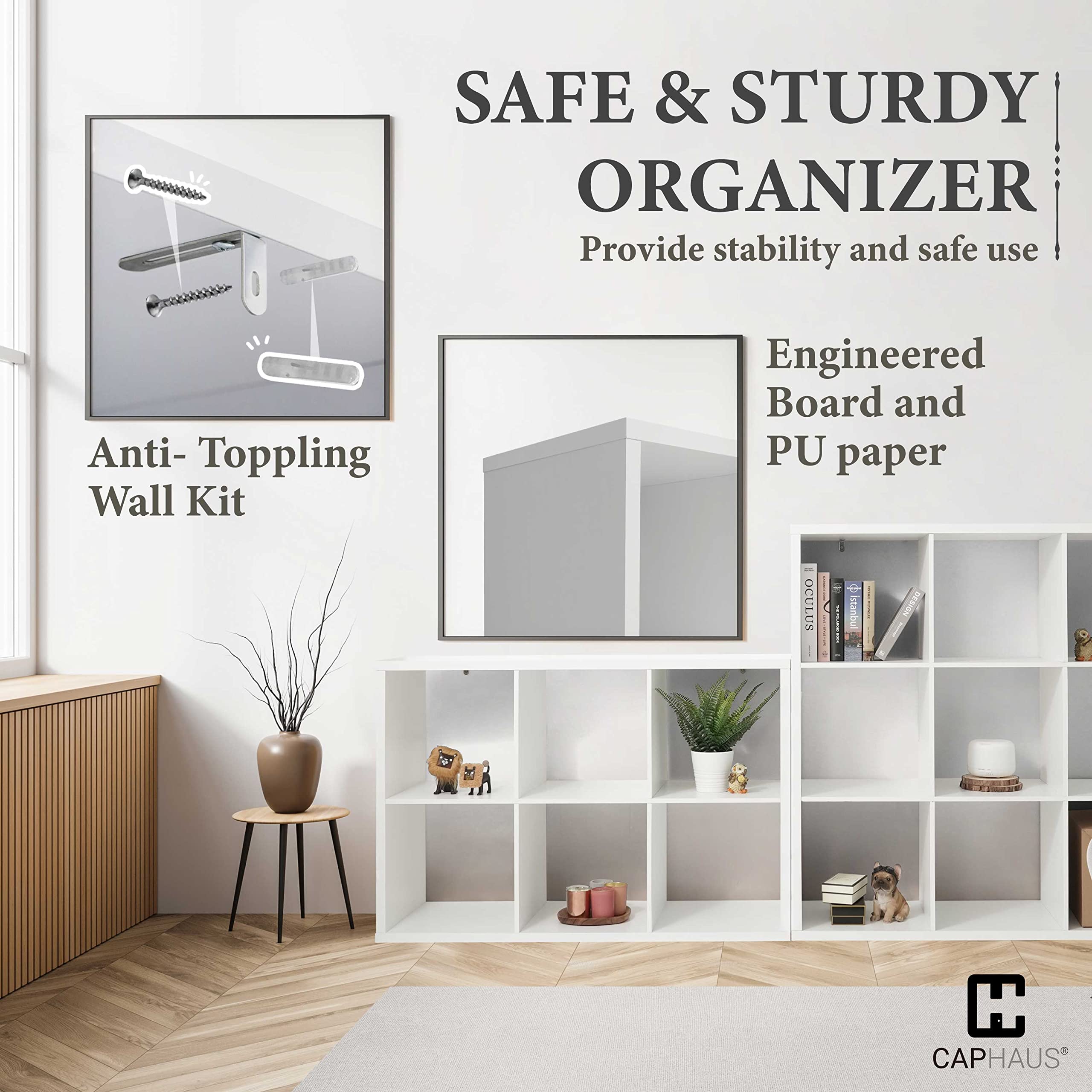 Fencer Wire 13-Inch Storage Organizer Shelf, Extra Thick Exterior Edge, Open Bookcase Divider, 6-8-9 Cube, Rustic Grey Oak and White