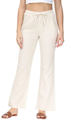 Soojun Women's Casual Linen Blend Elastic Waist Flared Pants, Khaki, XL/29 Inseam