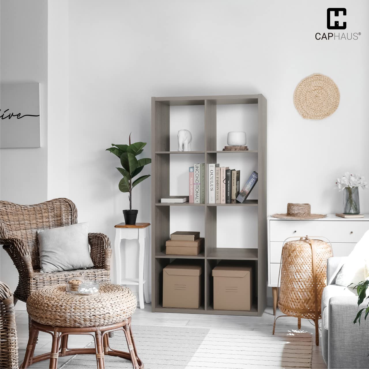 Fencer Wire 13-Inch Storage Organizer Shelf, Extra Thick Exterior Edge, Open Bookcase Divider, 6-8-9 Cube, Rustic Grey Oak and White