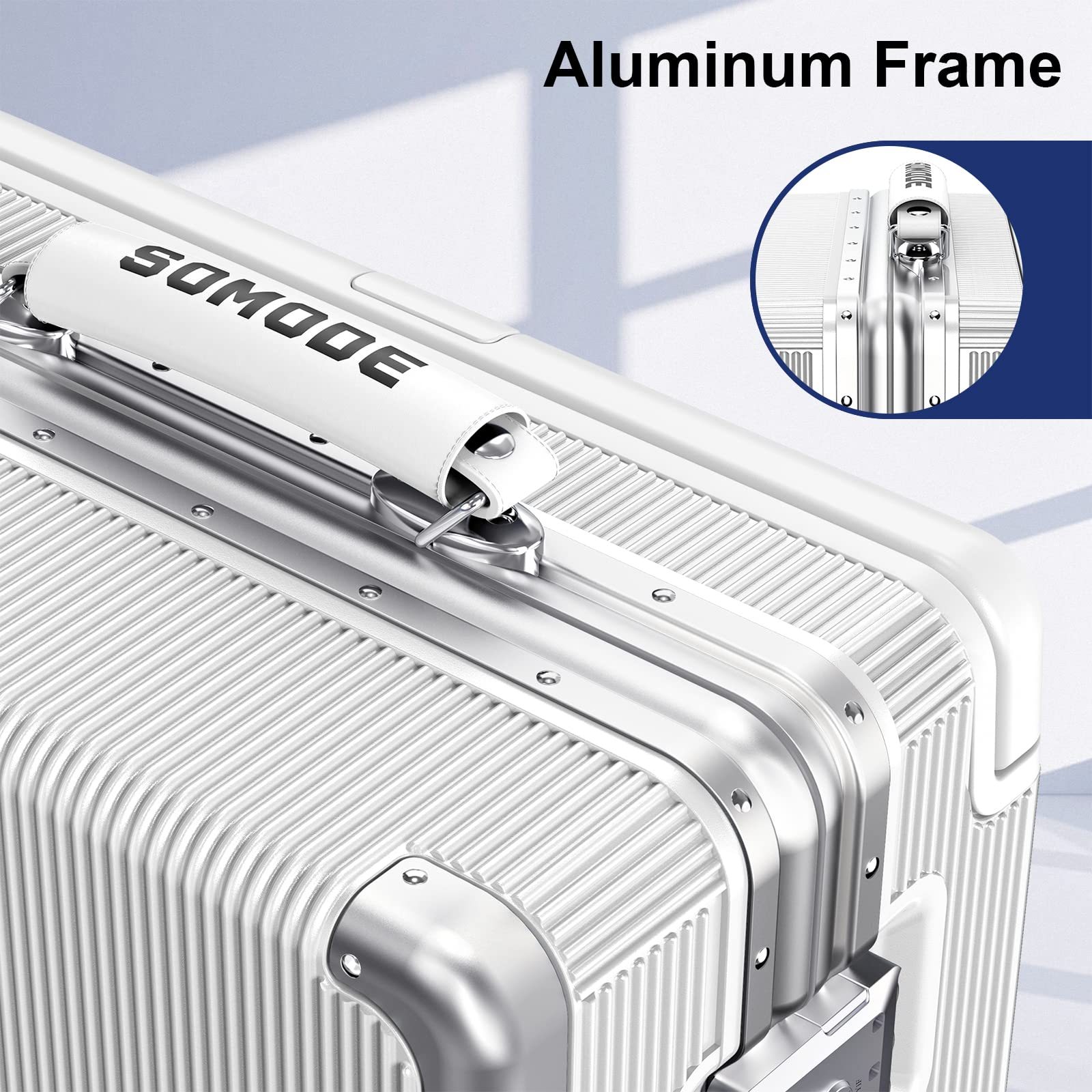 SOMODE LA SERIES Carry On Luggage 20inch Wide Handle Suitcase, Hardshell with Aluminum Frame, Supper-low noise Spinner Wheels & TSA Lock, Business Travel Carry-On Luggage (002-WHITE)