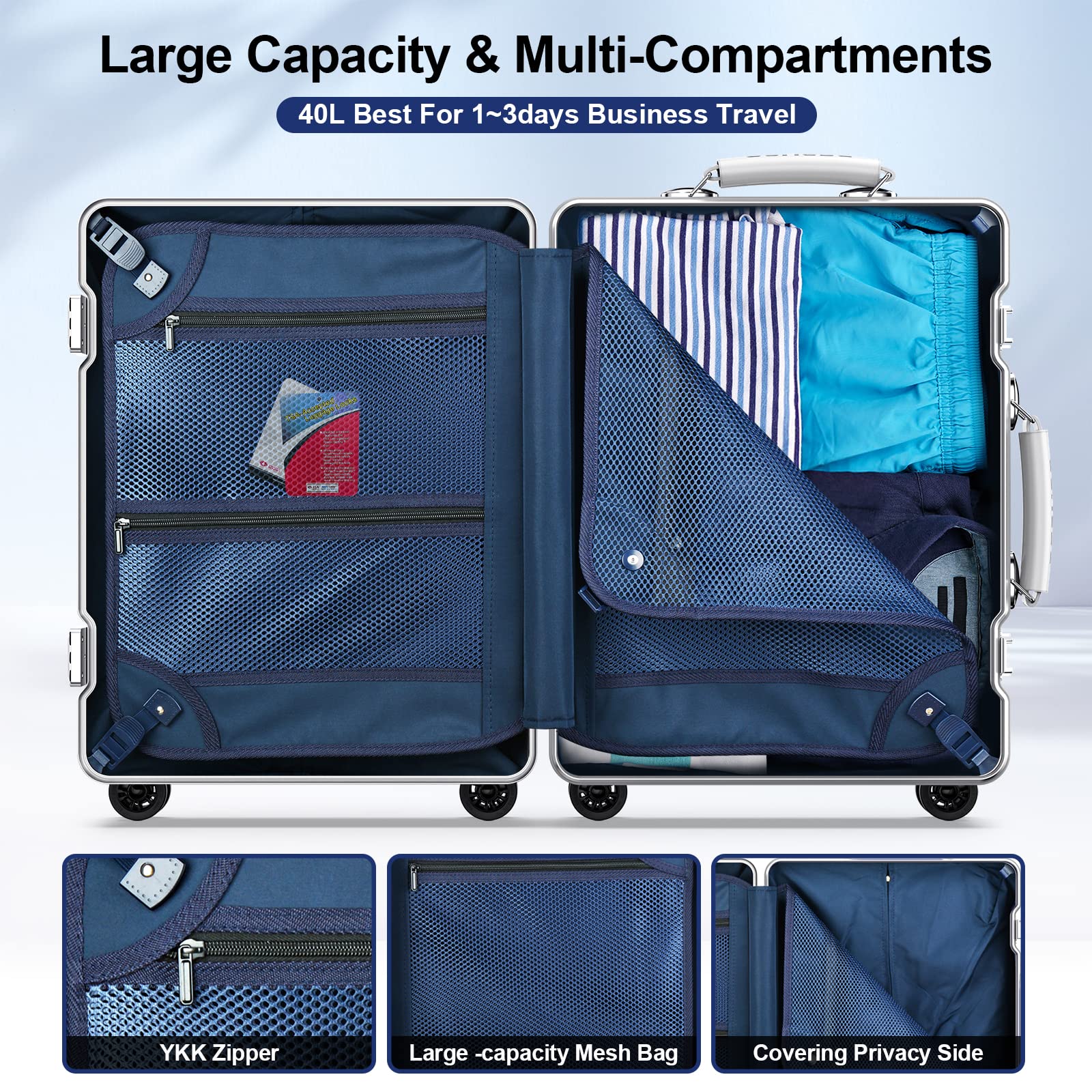 SOMODE LA SERIES Carry On Luggage 20inch Wide Handle Suitcase, Hardshell with Aluminum Frame, Supper-low noise Spinner Wheels & TSA Lock, Business Travel Carry-On Luggage (002-WHITE)
